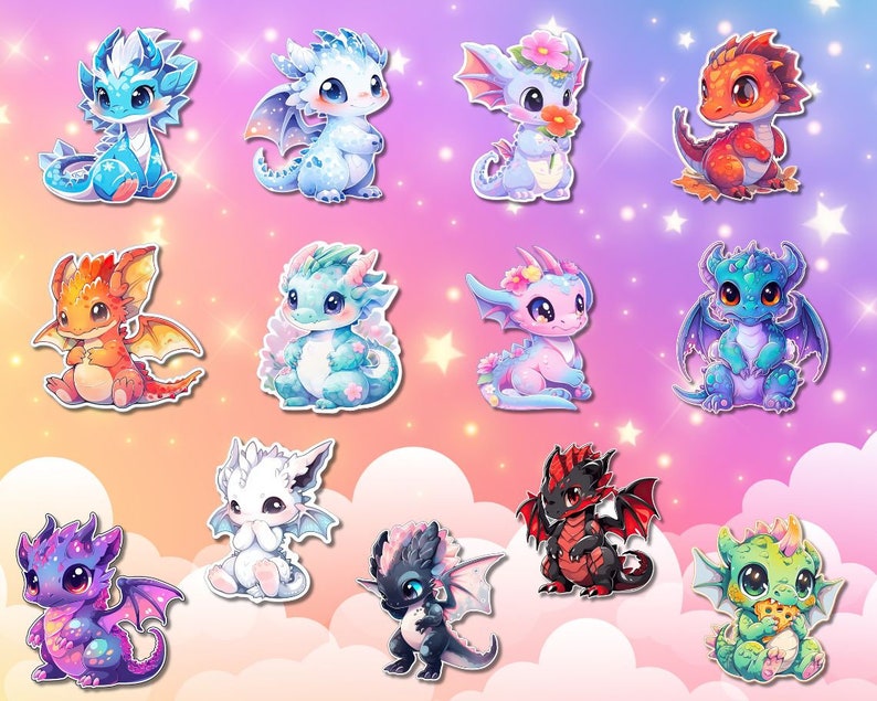 Baby Dragons PNG SVG Bundle, Printable Cute Baby Dragon Stickers ...