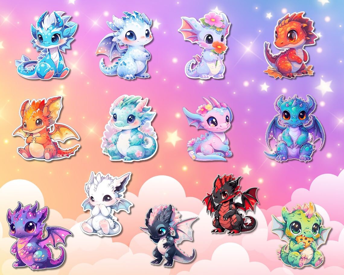 Baby Dragons PNG SVG Bundle, Printable Cute Baby Dragon Stickers ...