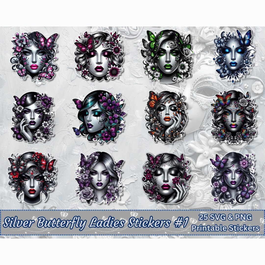 Silver Butterfly Lady Pkg 1, PNG SVG Bundle, Printable Silver Butterfly ...