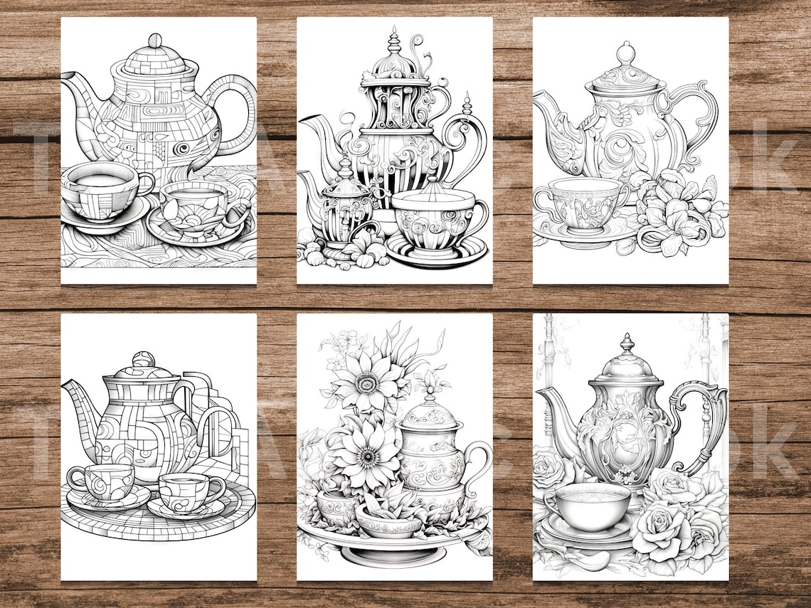 Whimsical Tea Sets Coloring Book, Printable Pretty Whimsical Tea Set ...