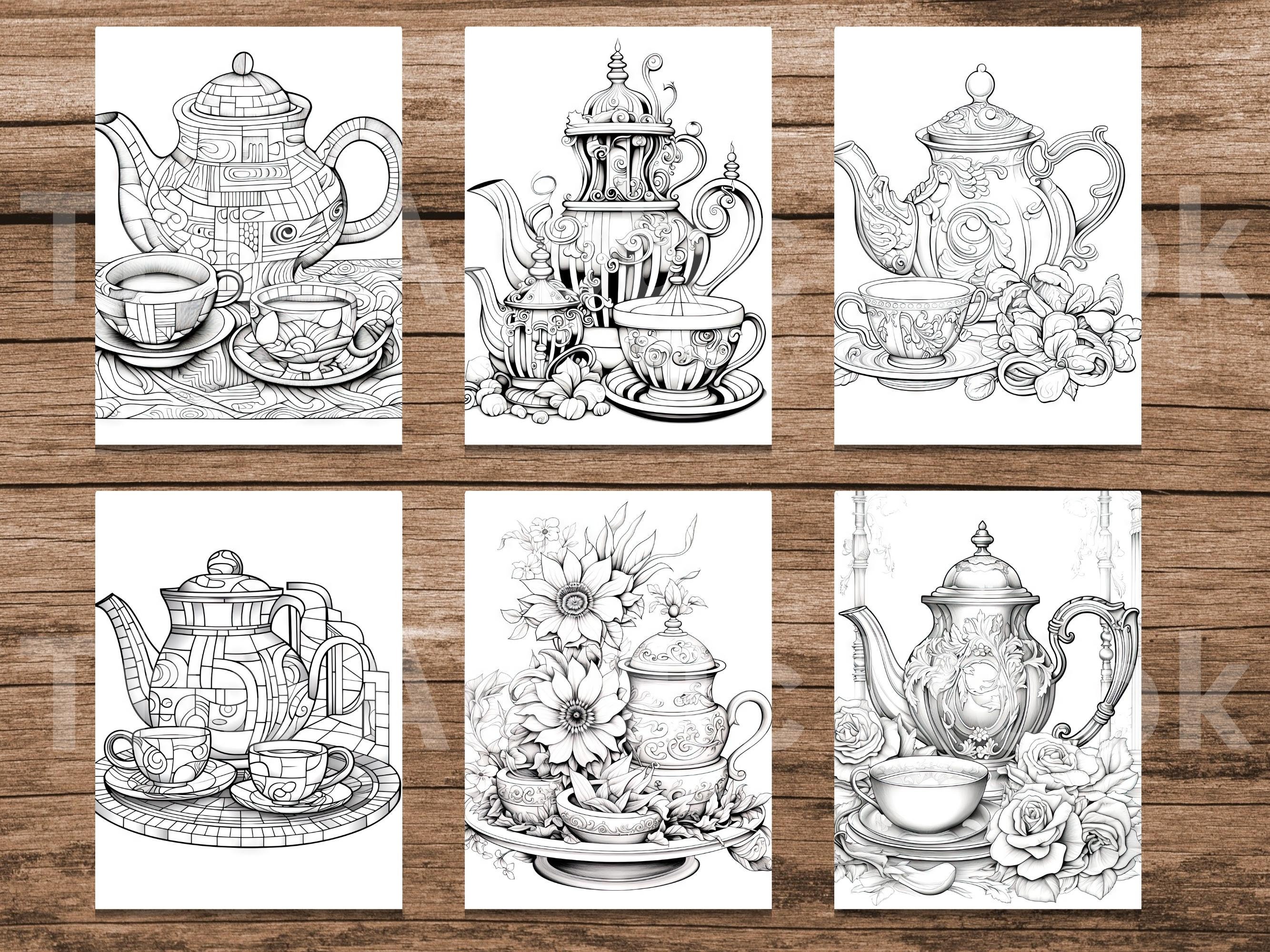 Whimsical Tea Sets Coloring Book, Printable Pretty Whimsical Tea Set ...