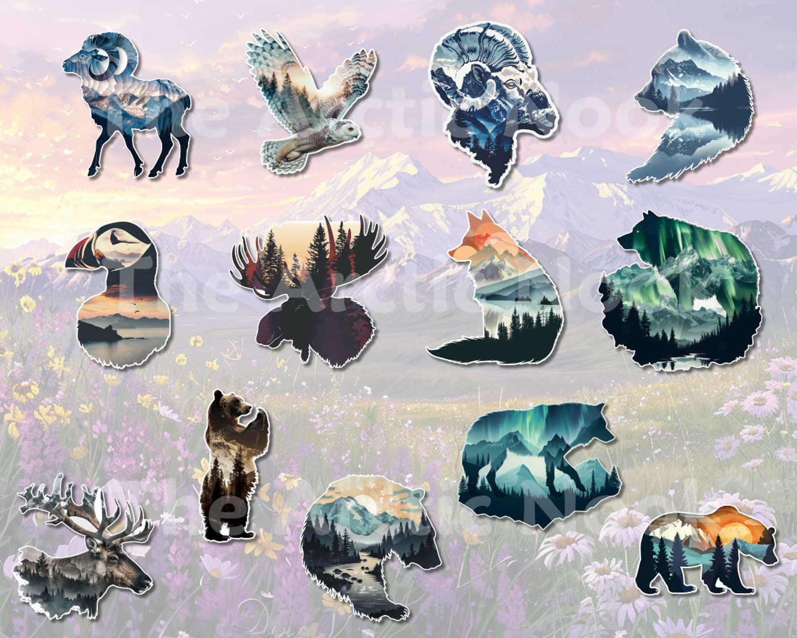 Alaska Animal Silhouette Stickers, Double Exposure Wildlife (PNG SVG ...