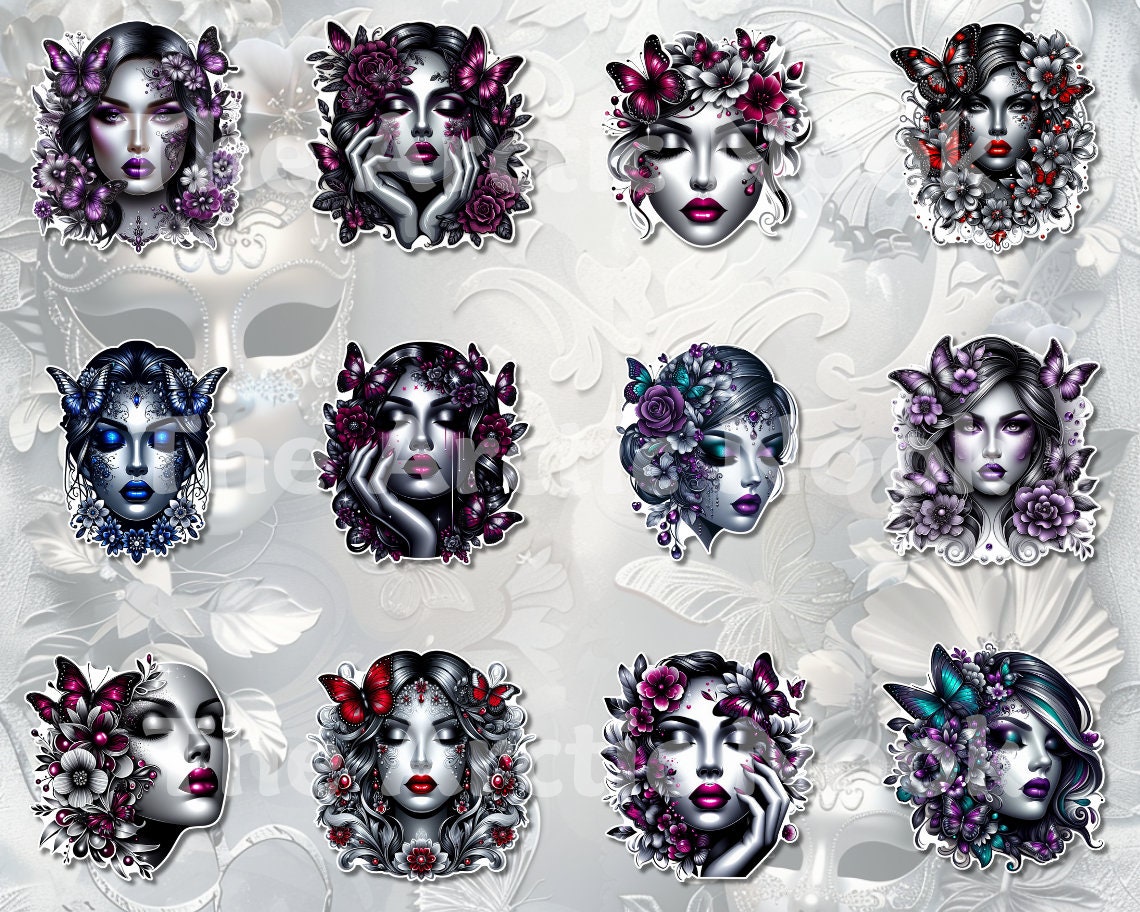 Silver Butterfly Lady Stickers, Detailed Floral Art (PNG SVG Bundle) - Etsy