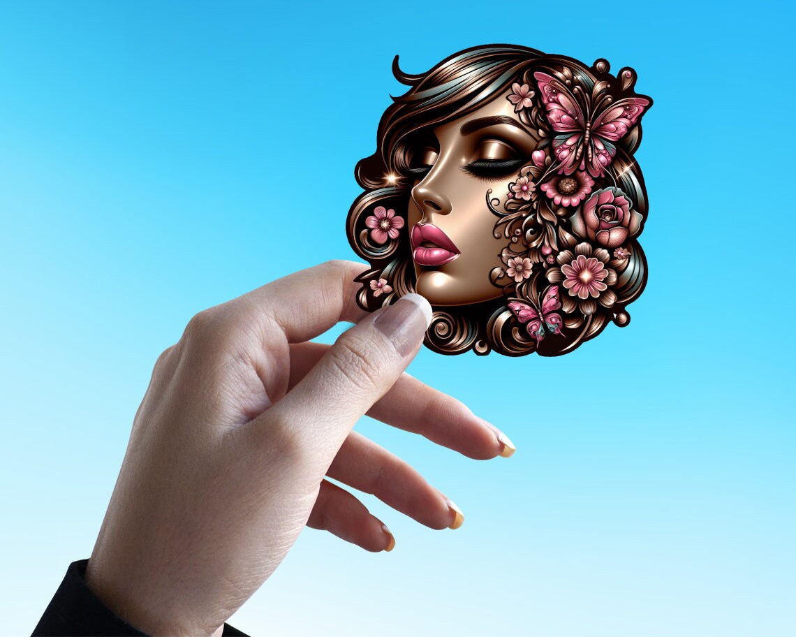 Bronze Butterfly Lady Stickers, Floral Portrait PNG SVG Bundle (digital ...