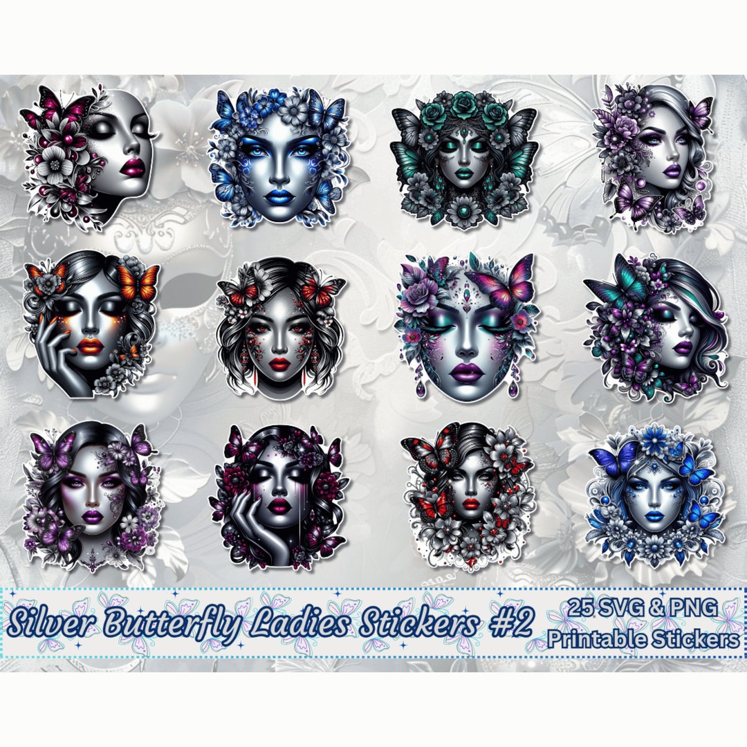 Silver Butterfly Lady Stickers, Detailed Floral Art (PNG SVG Bundle) - Etsy