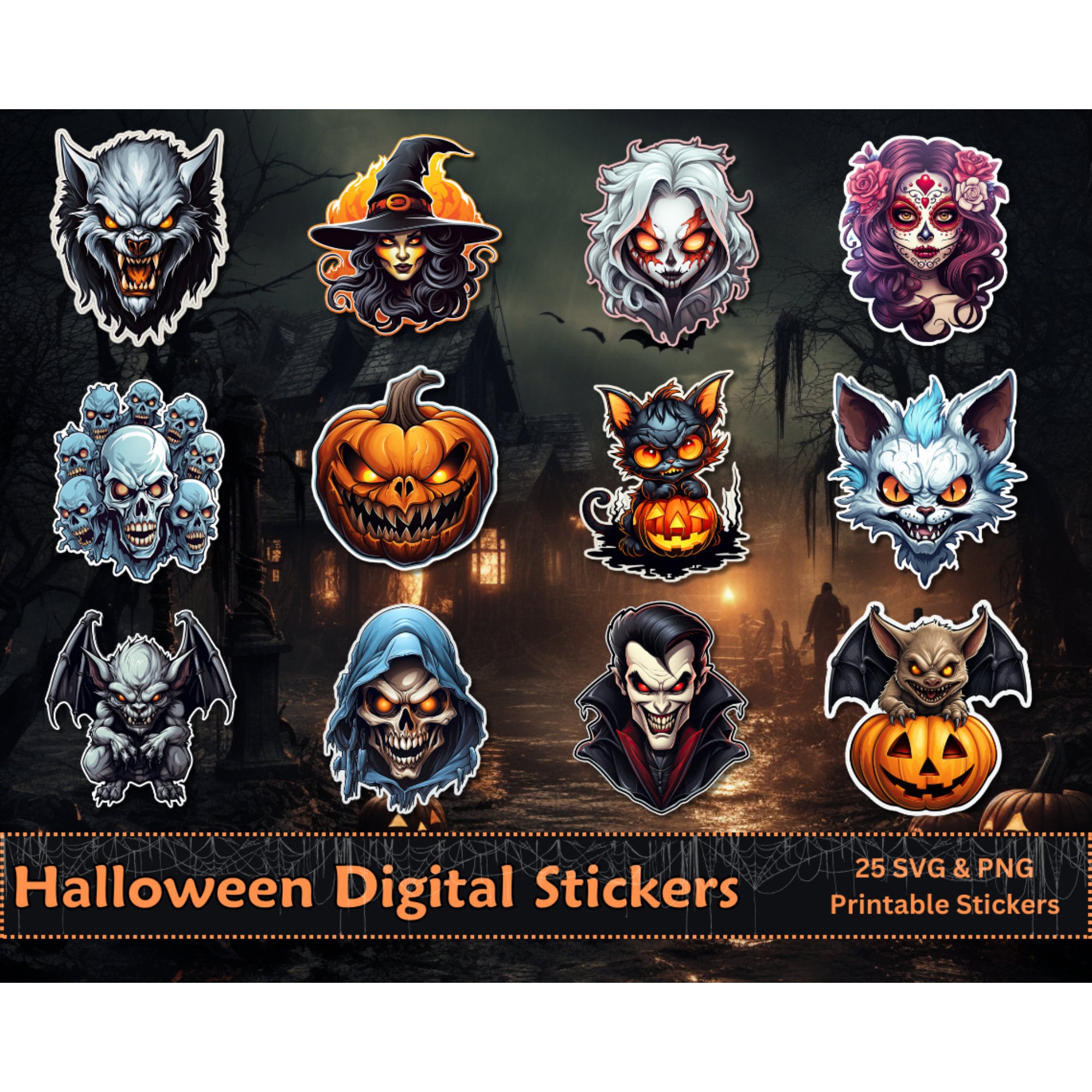 Spooky Halloween Stickers, Printable Scary Designs (digital Download ...