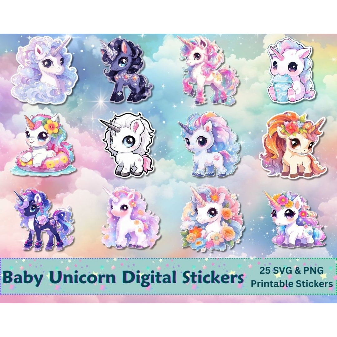 Baby Unicorn PNG SVG Bundle, Printable Cute Baby Unicorn Stickers ...