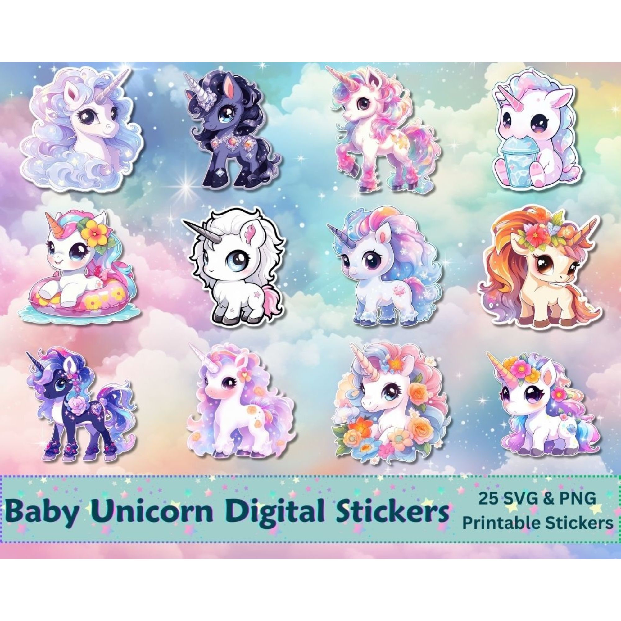 Baby Unicorn PNG SVG Bundle, Printable Cute Baby Unicorn Stickers ...