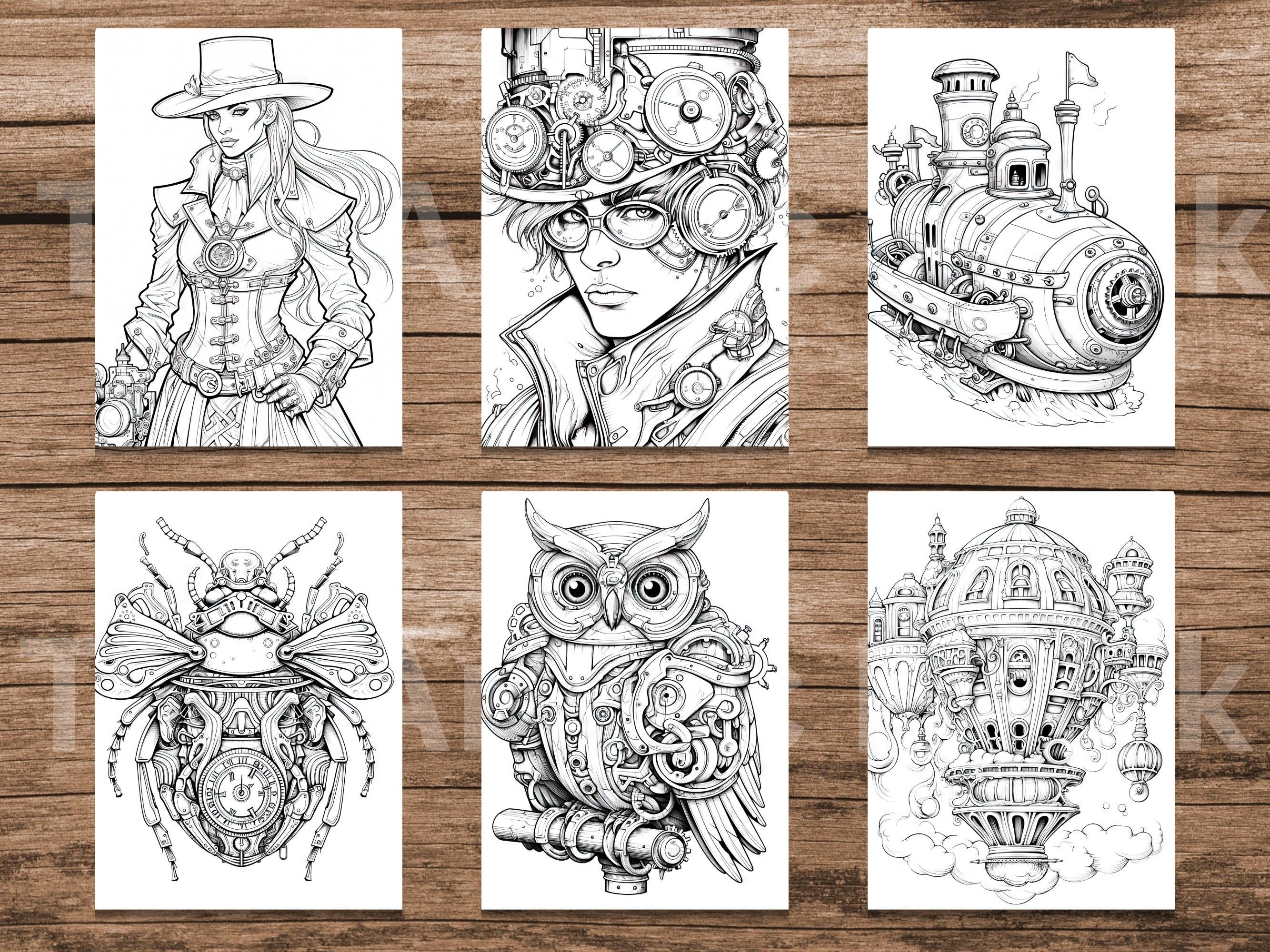 Steampunk Coloring Book, Printable Cool Elaborate Steampunk Design ...