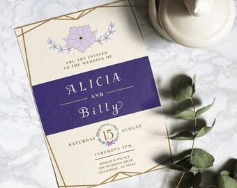 Purple and Gold Wedding Invitation, Wedding Invitation Template ...