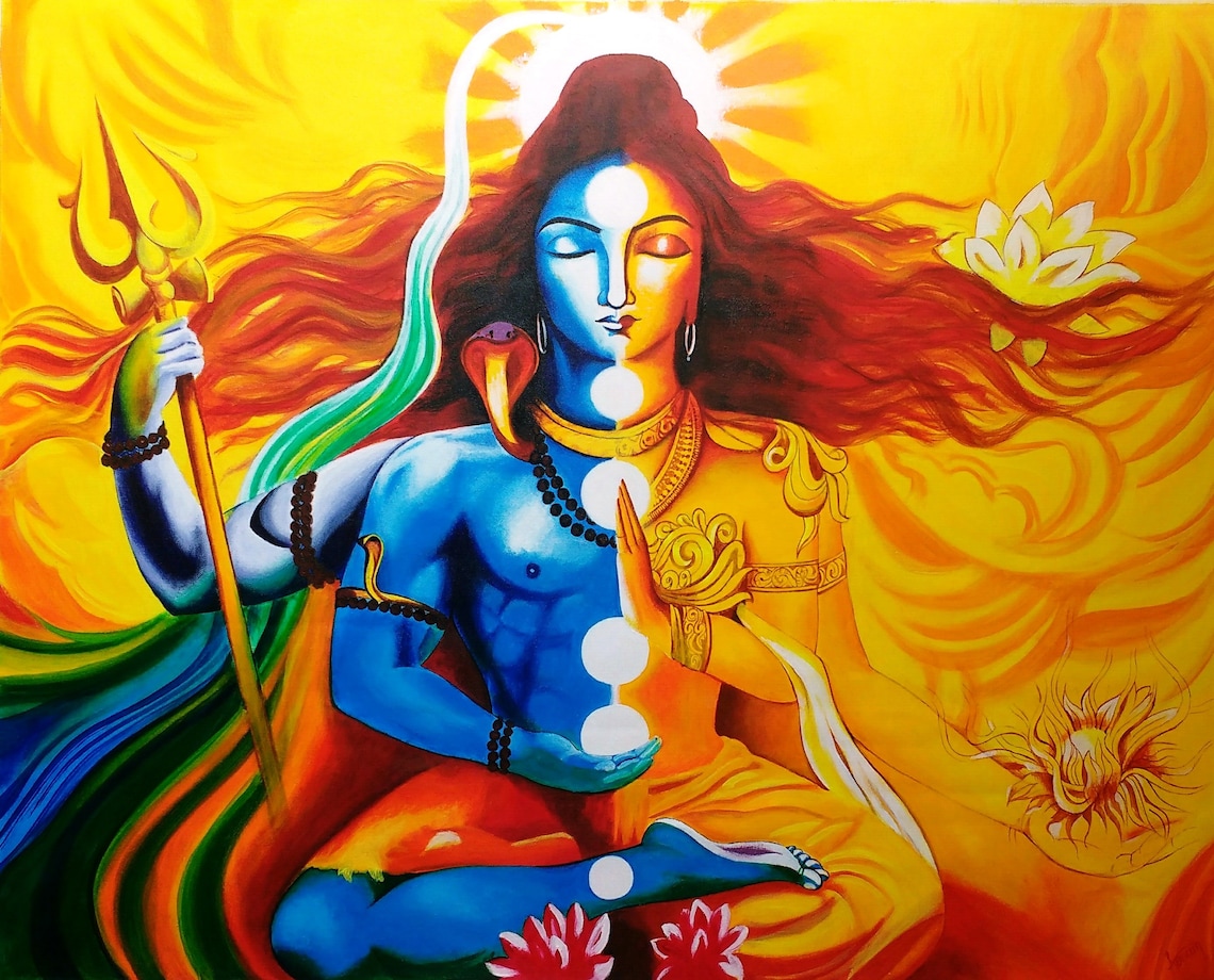 Ardhanarishwar Original Acrylic Painting on Loose Canvas 4028 , Lord ...