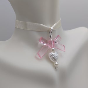 Dainty Coquette Satin Ribbon Choker Pearl Heart Bow - Etsy