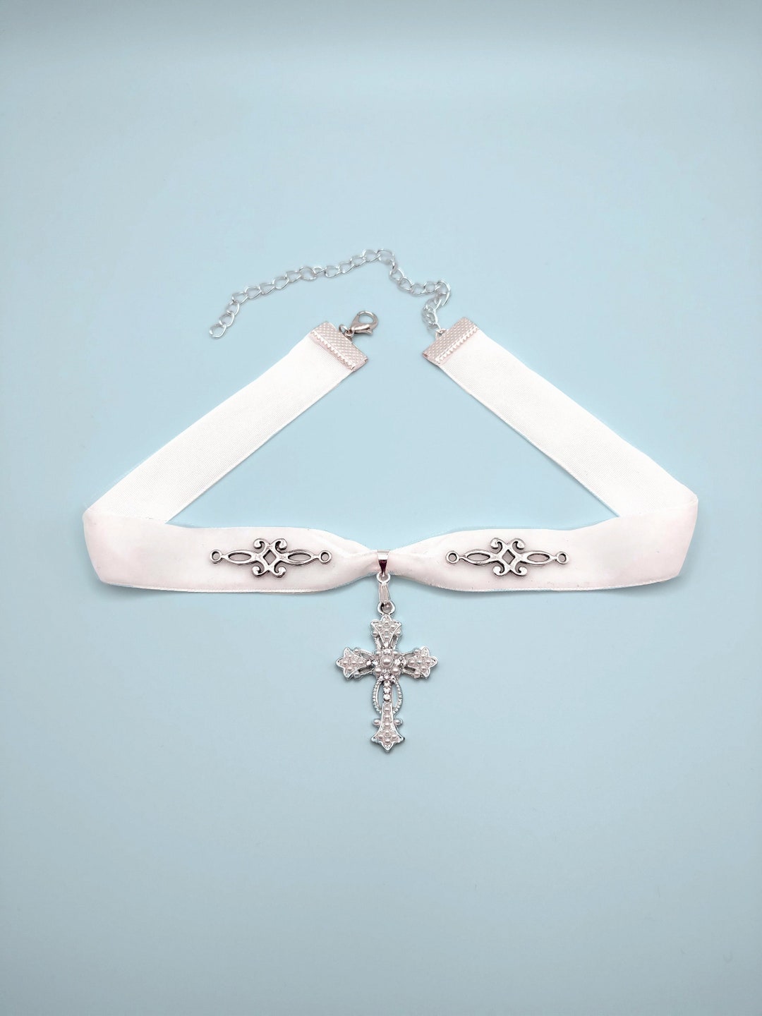 Coquette Angelic Silver & Pearl Cross White Velvet Choker - Etsy