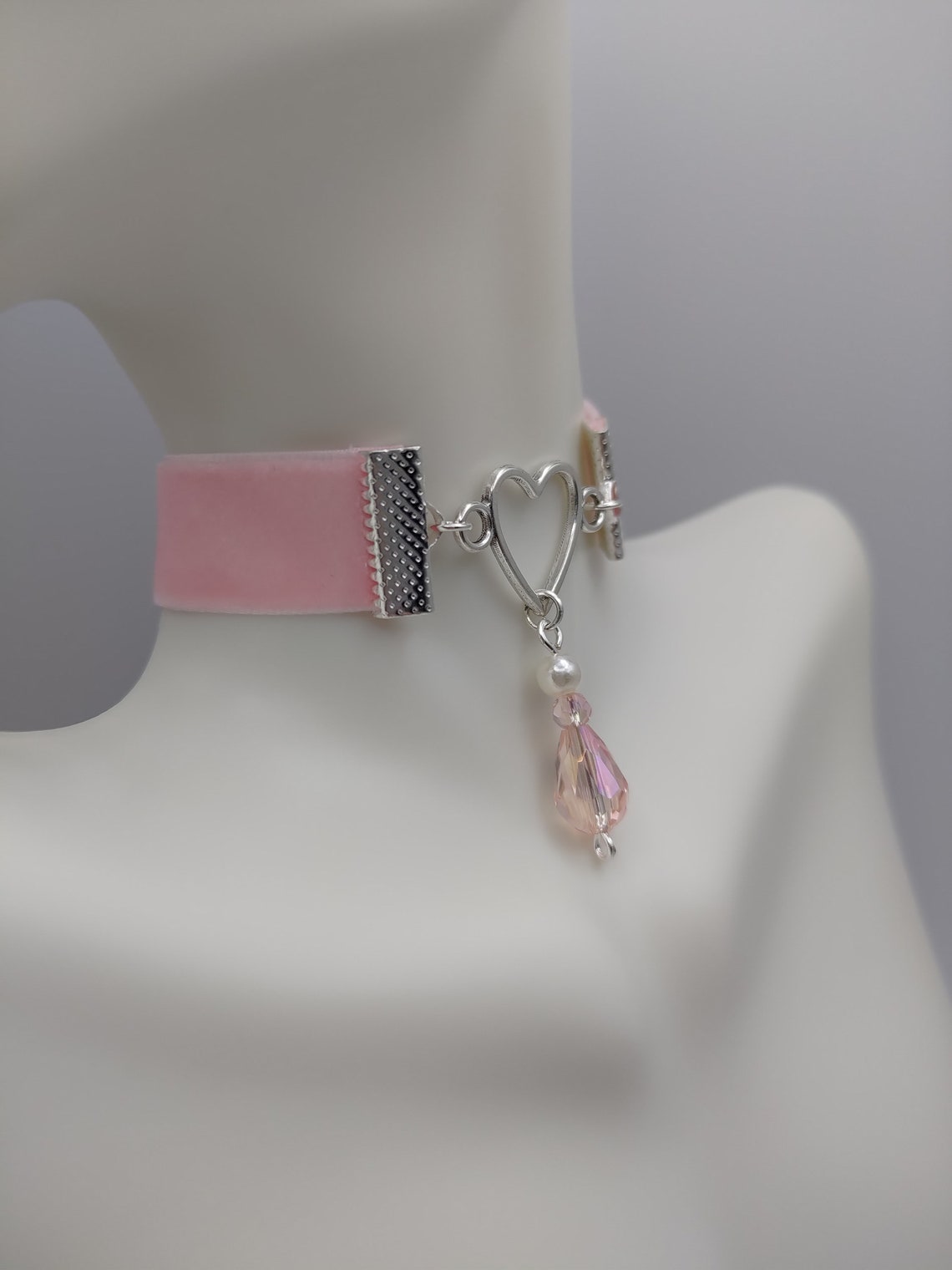 Coquette Pink Heart Crystal Teardrop Choker Pearl Silver - Etsy