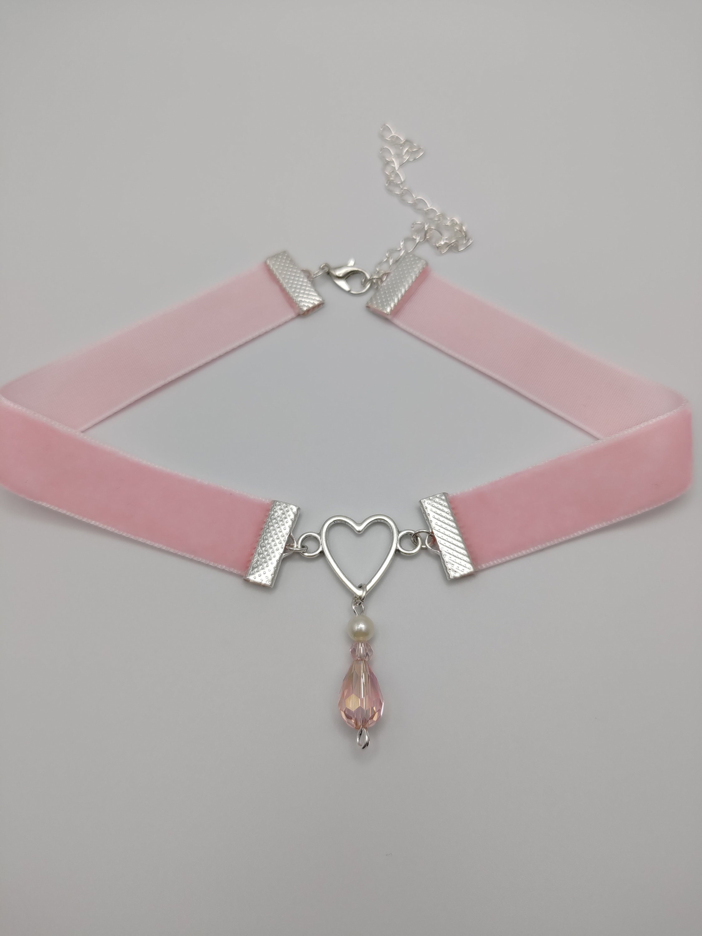 Coquette Pink Heart Crystal Teardrop Choker Pearl Silver - Etsy