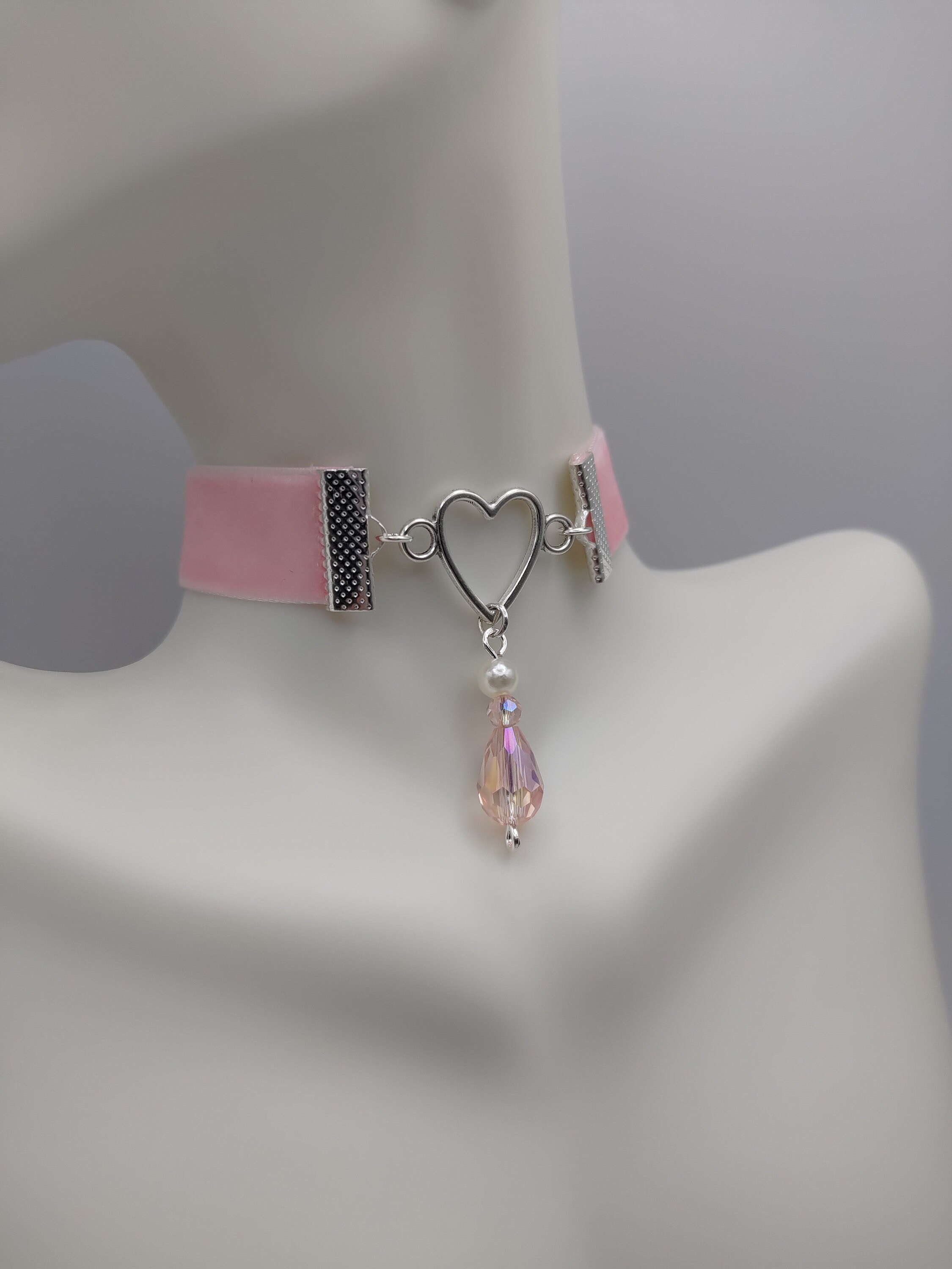 Coquette Pink Heart Crystal Teardrop Choker Pearl Silver - Etsy