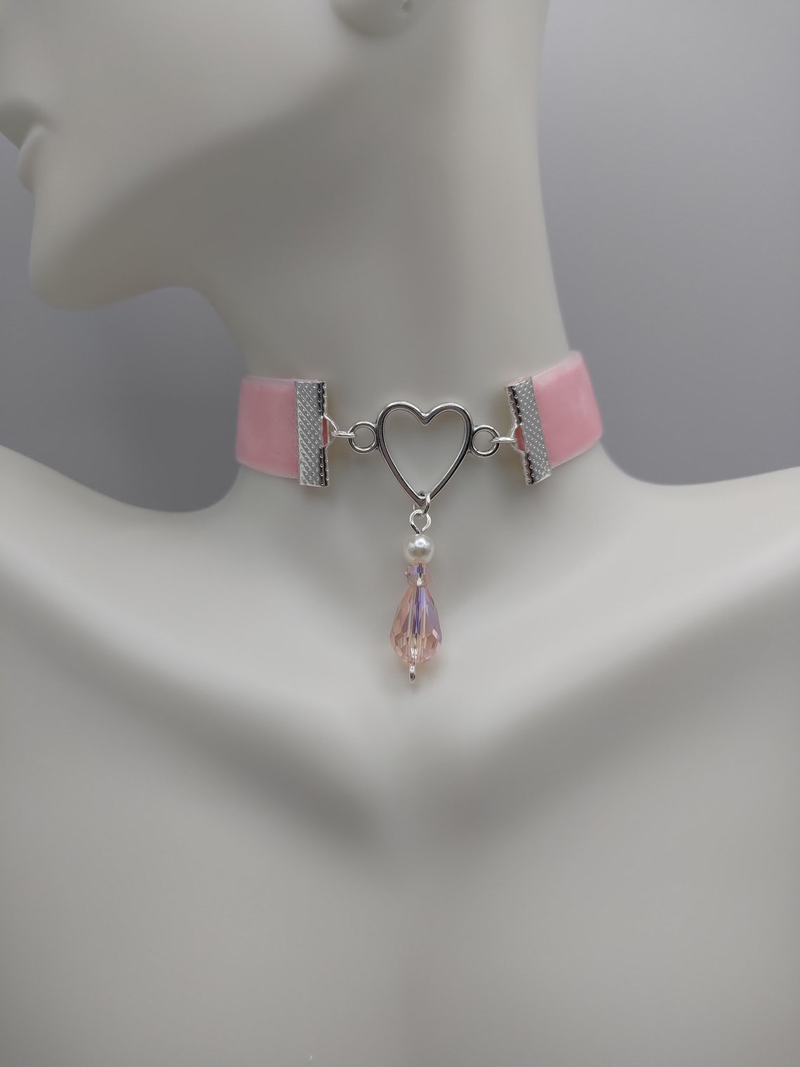 Coquette Pink Heart Crystal Teardrop Choker Pearl Silver - Etsy