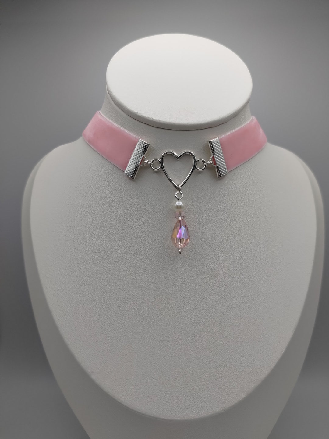 Coquette Pink Heart Crystal Teardrop Choker Pearl Silver - Etsy