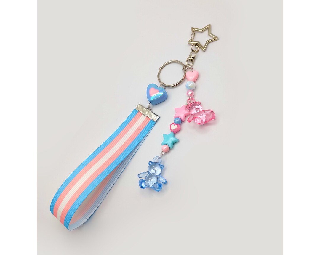 Cute Trans Pride Flag Keychain, Lgbtq, Pastel Pink Blue Bear Star Heart ...