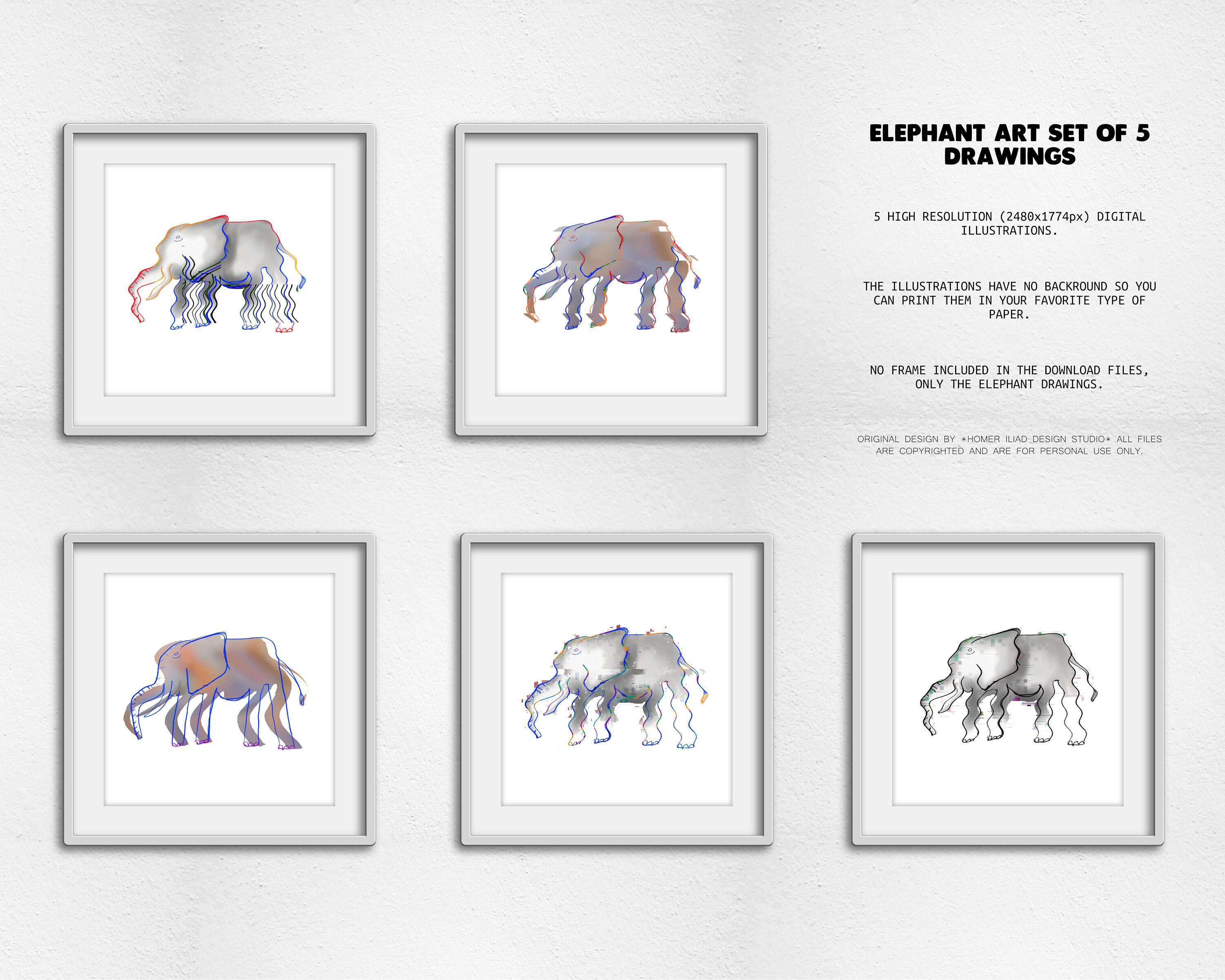Elephant Art Set of 5 Digital Drawings - Etsy