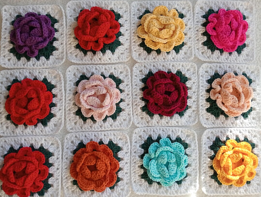 Rose Granny Square Pieces, Crochet Rose Square Motif Set, Handmade Rose ...