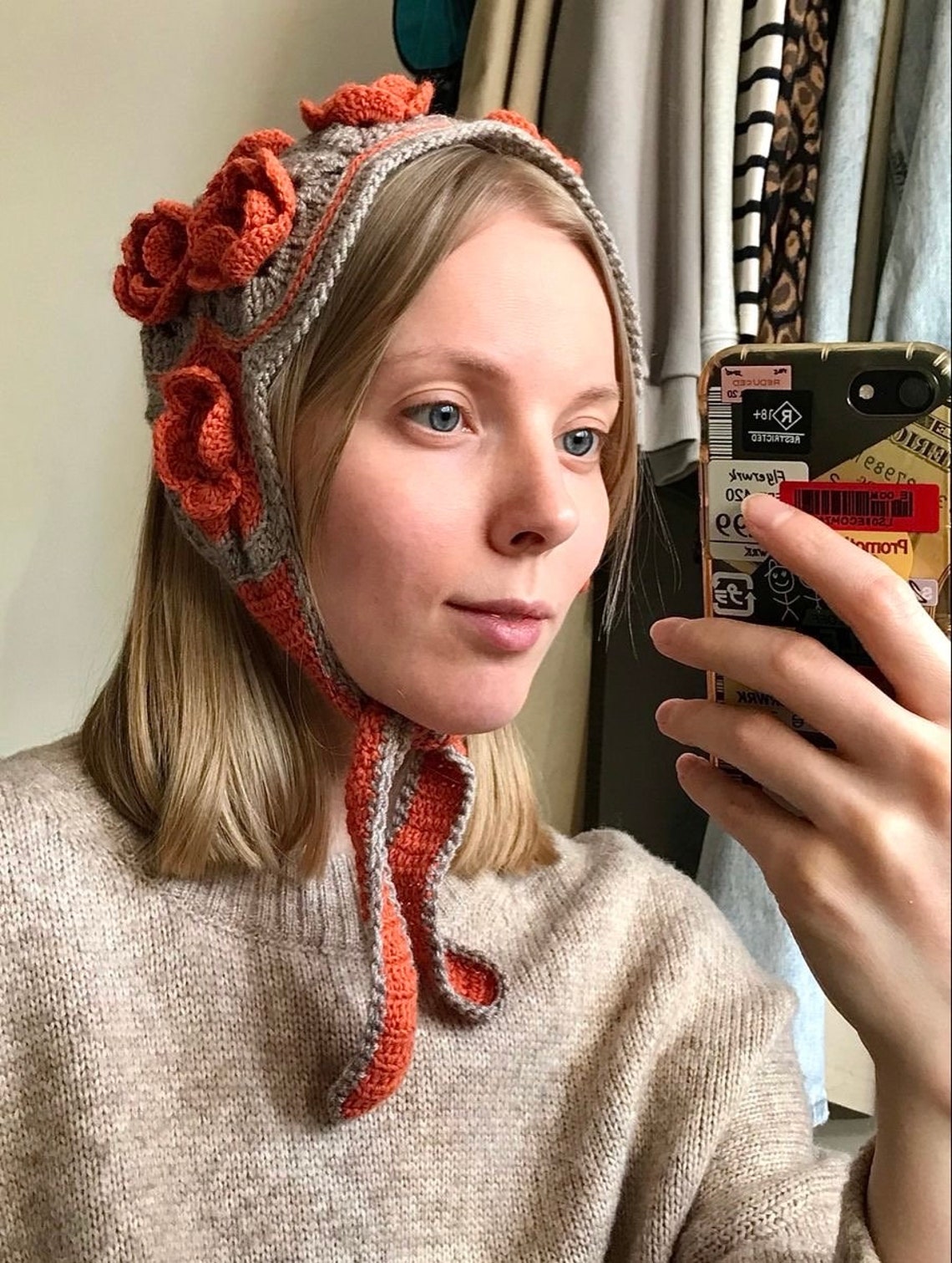 Hand Knit Tie Bonnet, Red Winter Warm Hat, Crochet Balaclava Bonnet ...