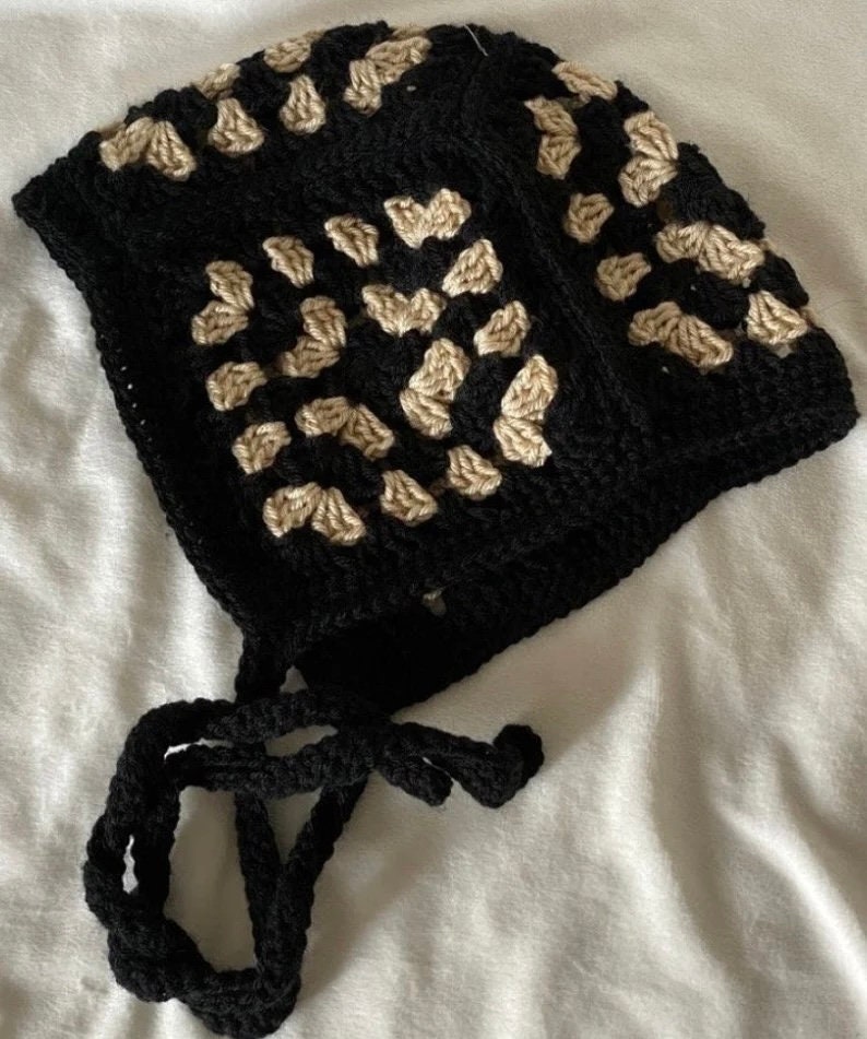 Hand Knit Tie Bonnet, Beige Winter Warm Hat, Crochet Balaclava Bonnet ...