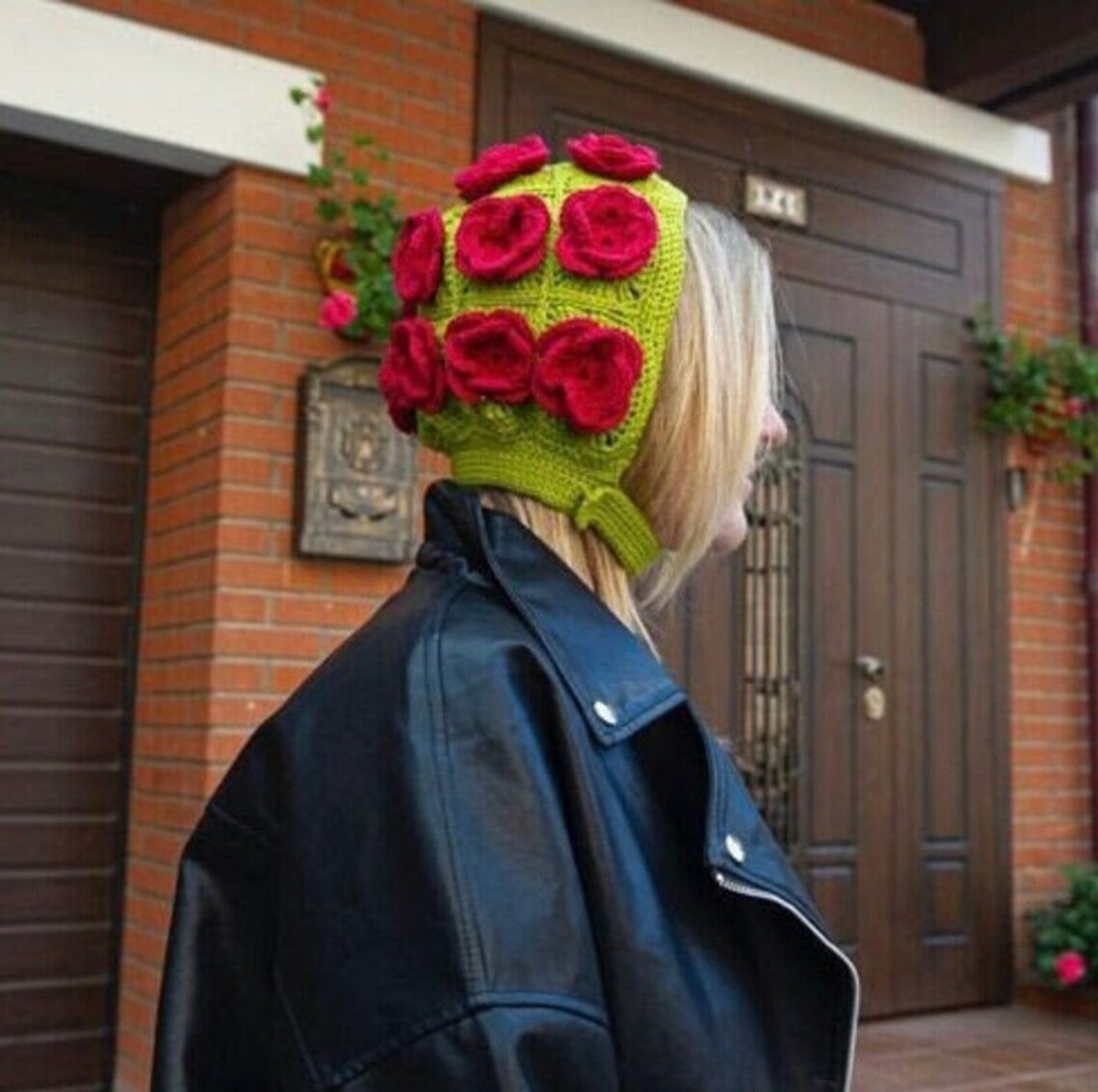Hand Knit Tie Bonnet, Red Winter Warm Hat, Crochet Balaclava Bonnet ...