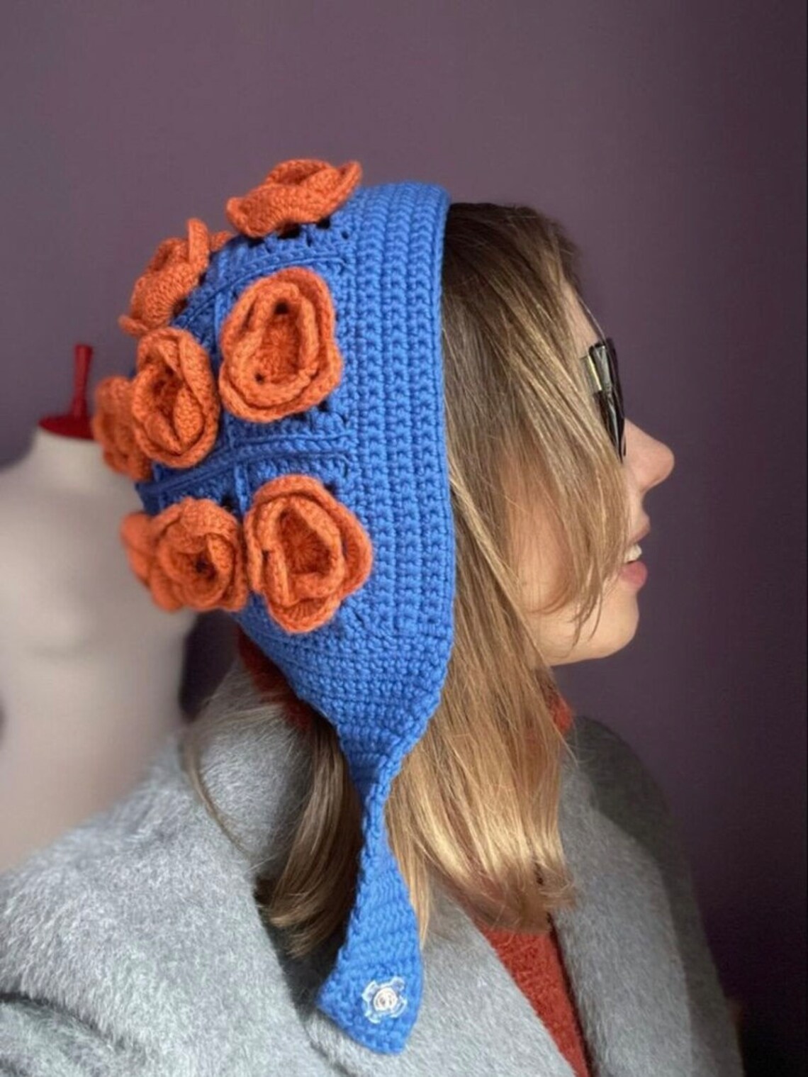 Hand Knit Tie Bonnet, Red Winter Warm Hat, Crochet Balaclava Bonnet ...