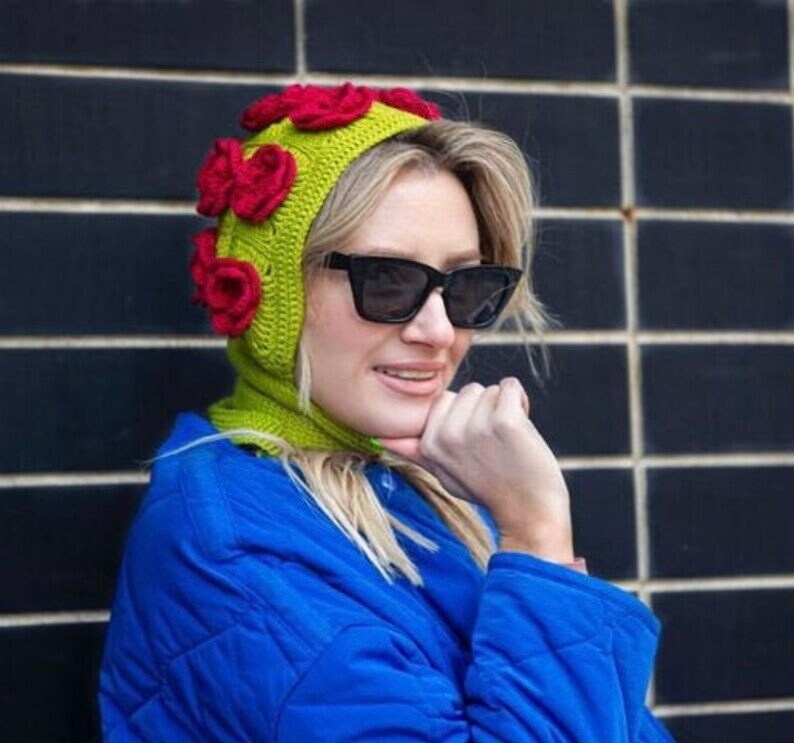 Hand Knit Tie Bonnet, Red Winter Warm Hat, Crochet Balaclava Bonnet ...