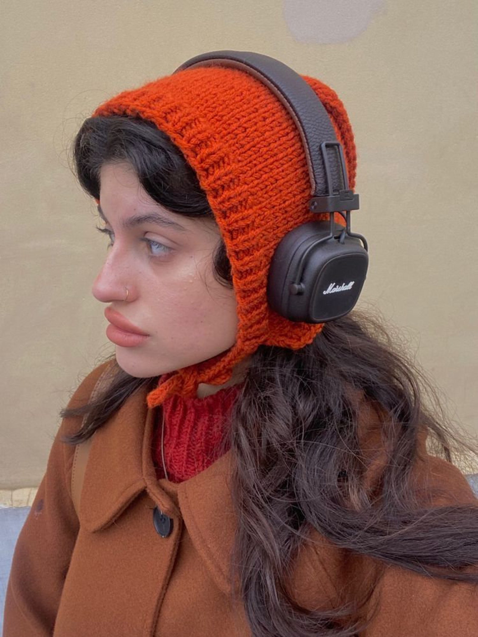 Hand Knit Tie Bonnet, Red Winter Warm Hat, Crochet Balaclava Bonnet ...