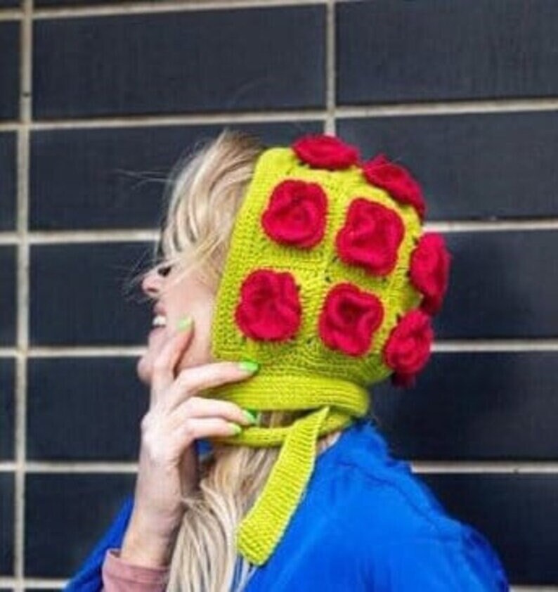 Hand Knit Tie Bonnet, Red Winter Warm Hat, Crochet Balaclava Bonnet ...