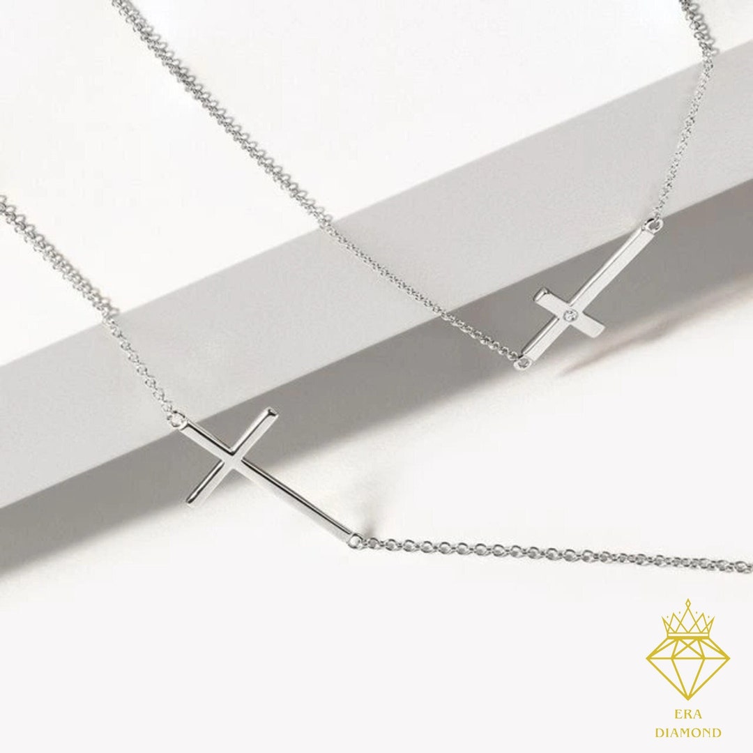 14k Solid Gold Diamond Encrusted Cross Necklace, Silver Cross Necklace ...