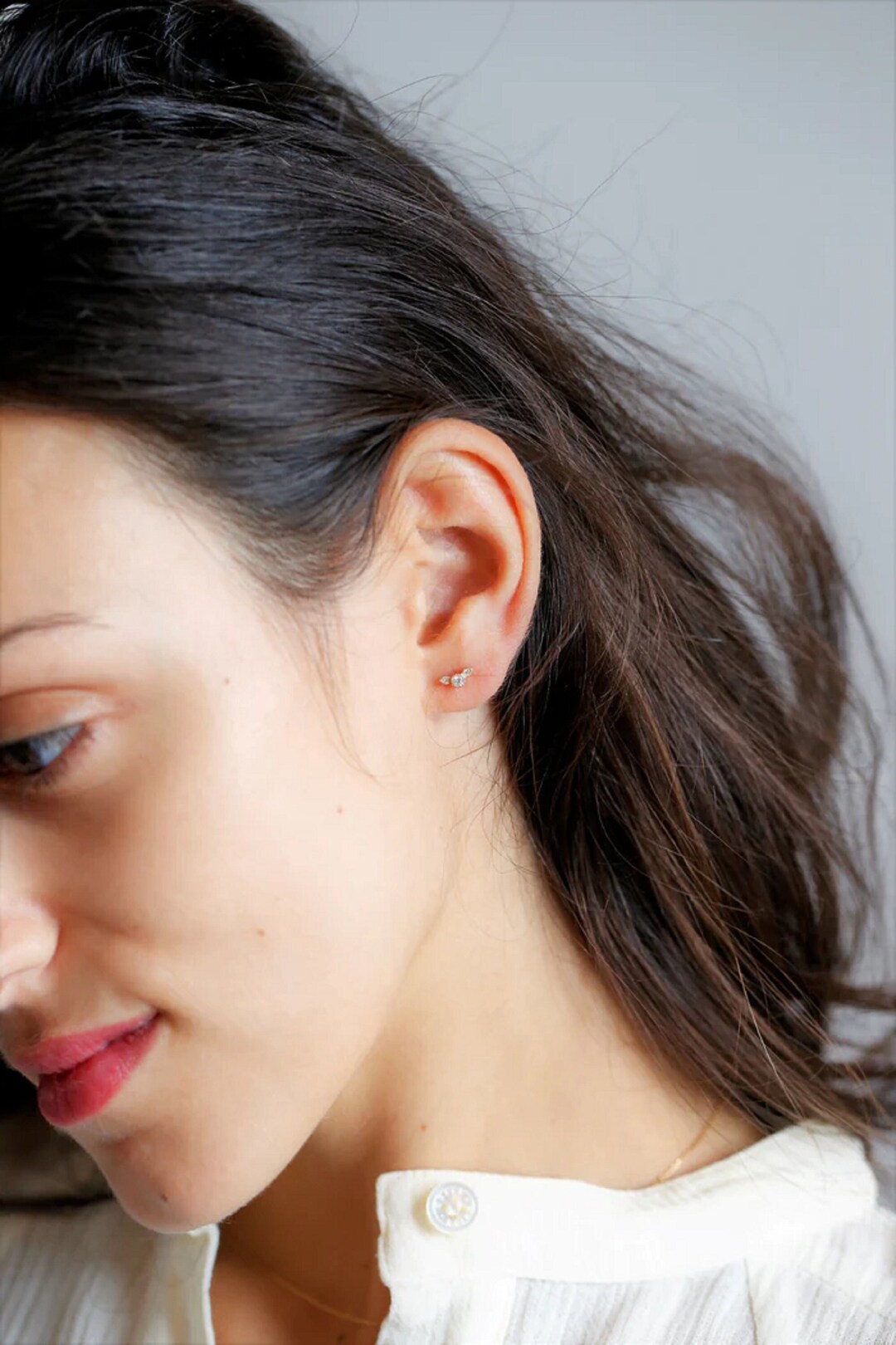 Diamond Mini Moon Studs, 14k Gold Diamond Helix Stud Earrings, Crescent Earrings, Diamond ...