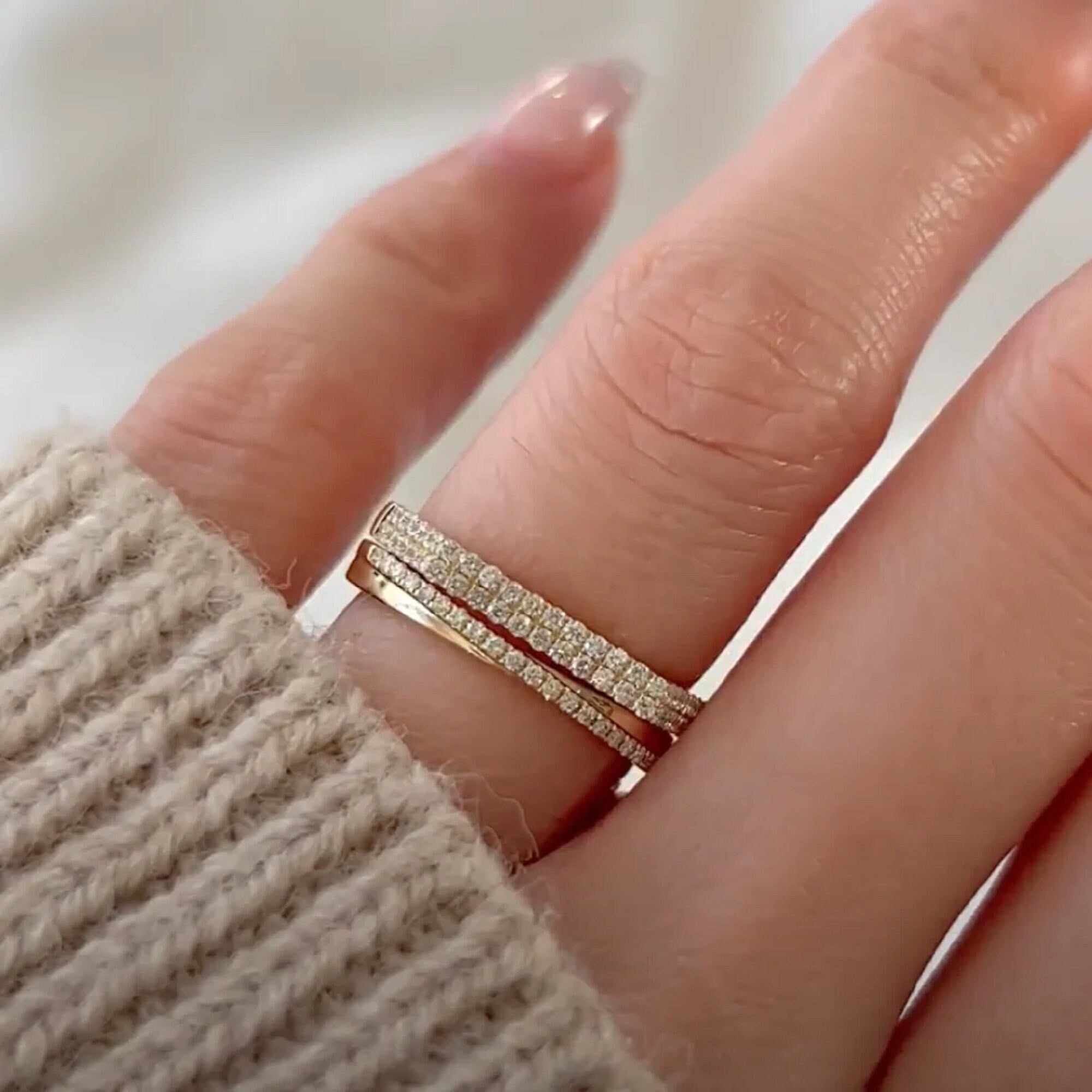 Crossover Round Natural Wedding Ring 14K Yellow Gold Cross Minimalist ...