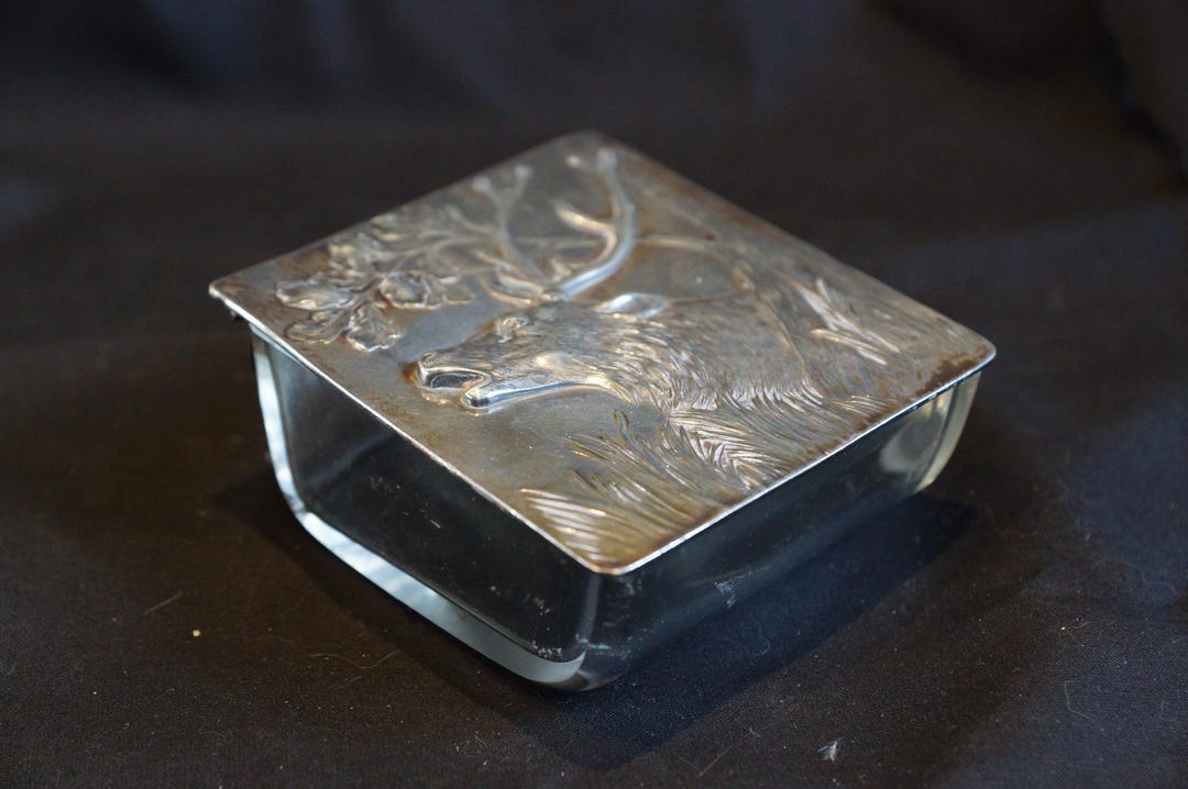 WMF Art Nouveau Metal Lidded Glass Trinket Pot With Stag and Oak Leaf ...