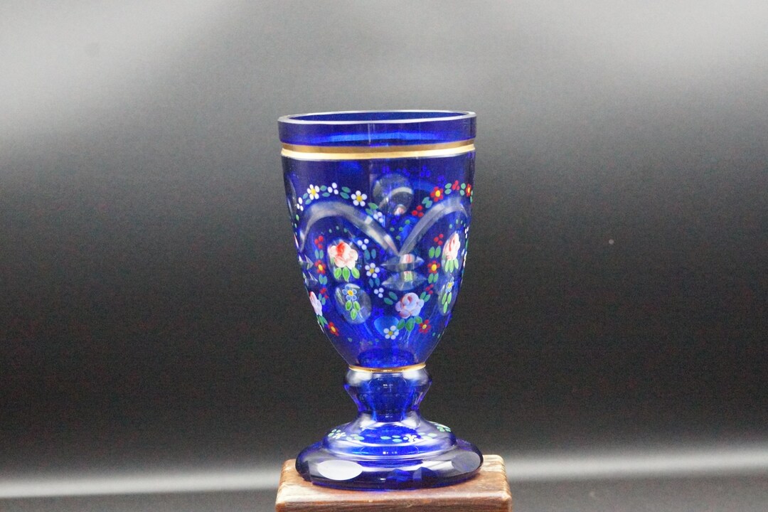 Beautiful Bohemian Blue Glass Hand Painted Goblet - Etsy