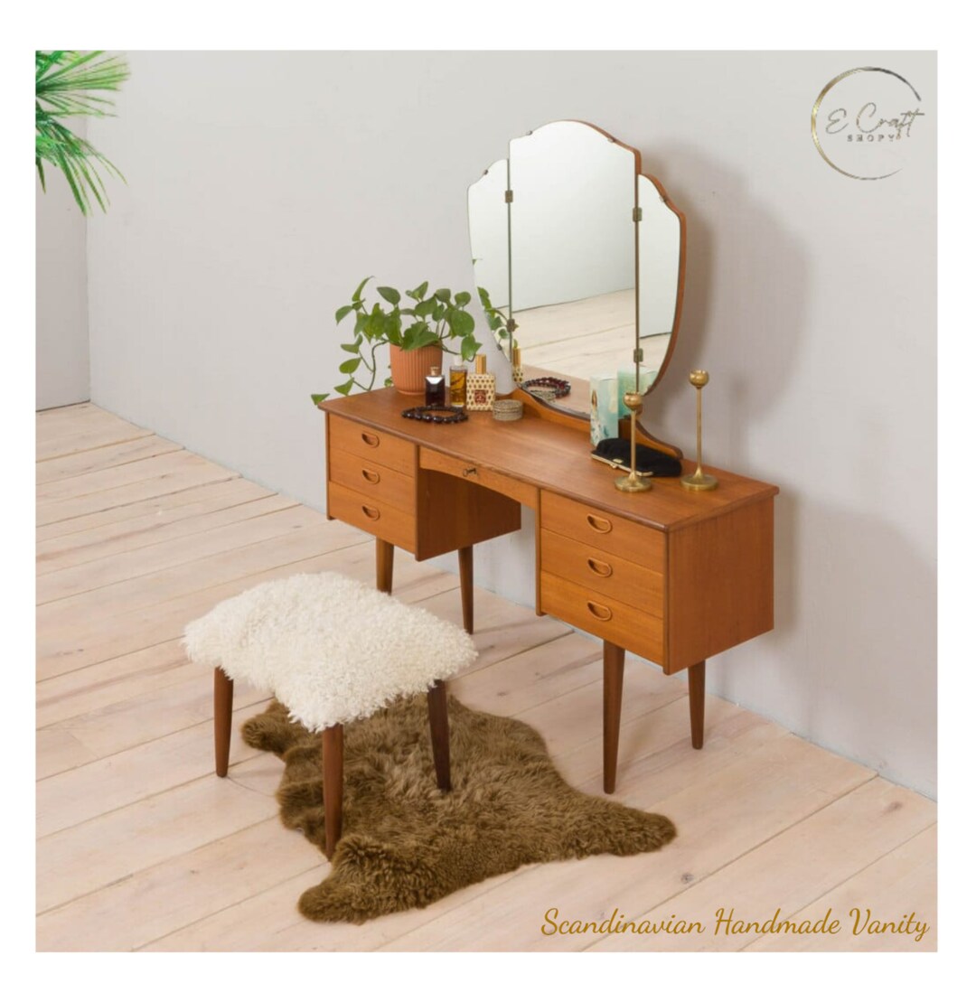 Scandinavian Oak Makeup Vanity Table With Stool, Handcrafted Oak ...