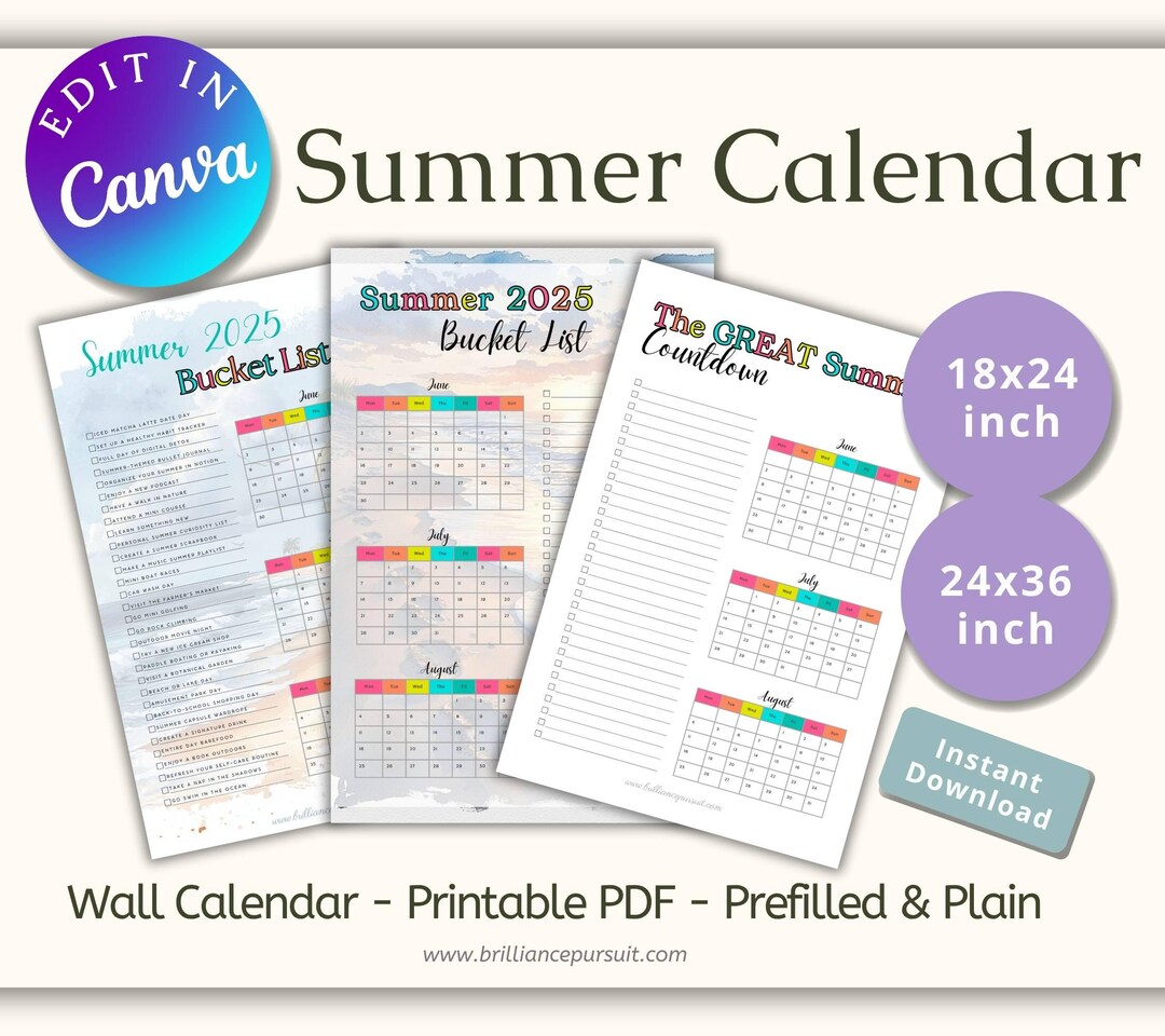 Editable Summer Bucket List Calendar 2025: 24x36 & 18x24 Hanging Poster ...