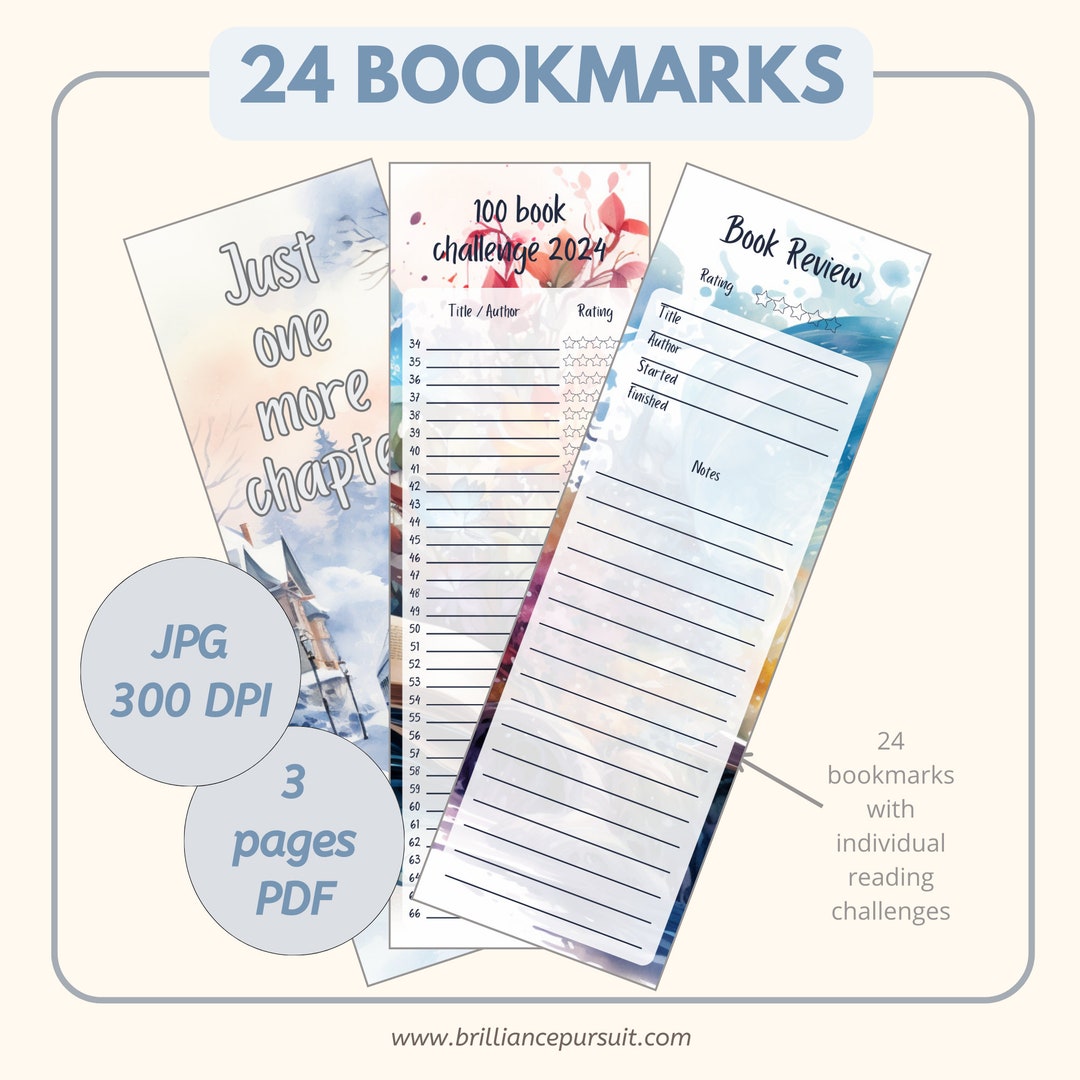 24 Watercolor Bookmarks for Women Bookmark Reading Challenges Digital ...