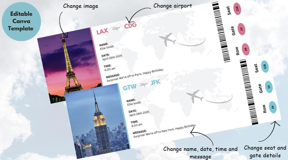 Editable Plane Ticket Template, Plane Surprise Ticket Gift, Digital ...