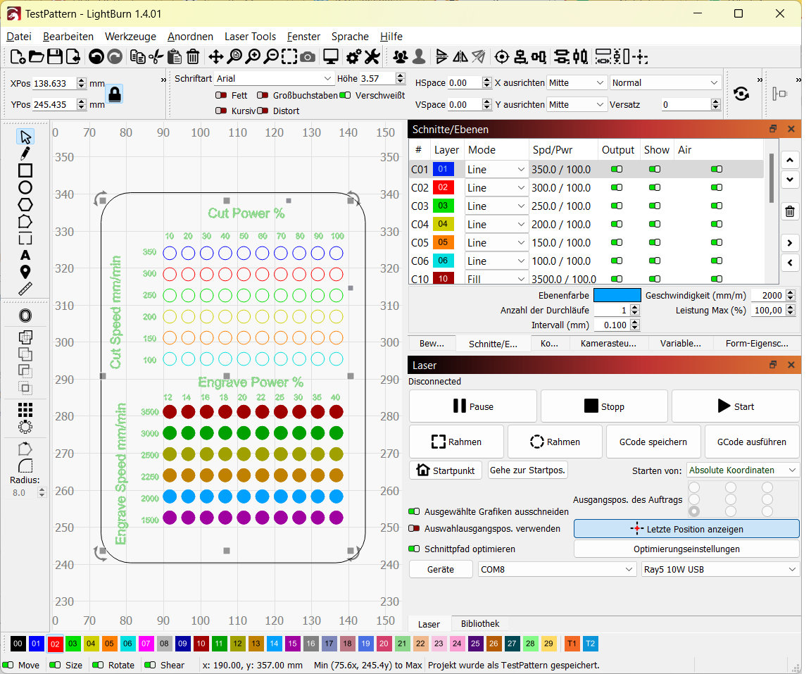 Materialtestkarte Lightburn Test Pattern Test Grid Cut Cutting Engrave ...