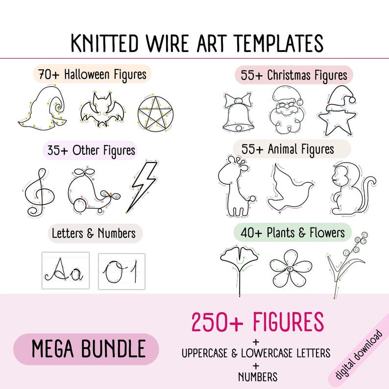 250+ Knitted Wire Art Templates, Letters, Numbers, Figures (digital ...