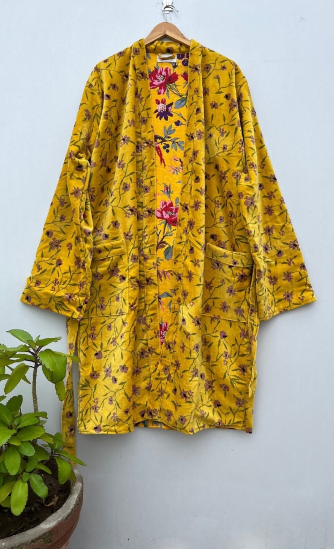 Floral Printed Velvet Robe, Indian Handmade Robe, Winter Bath Robe ...