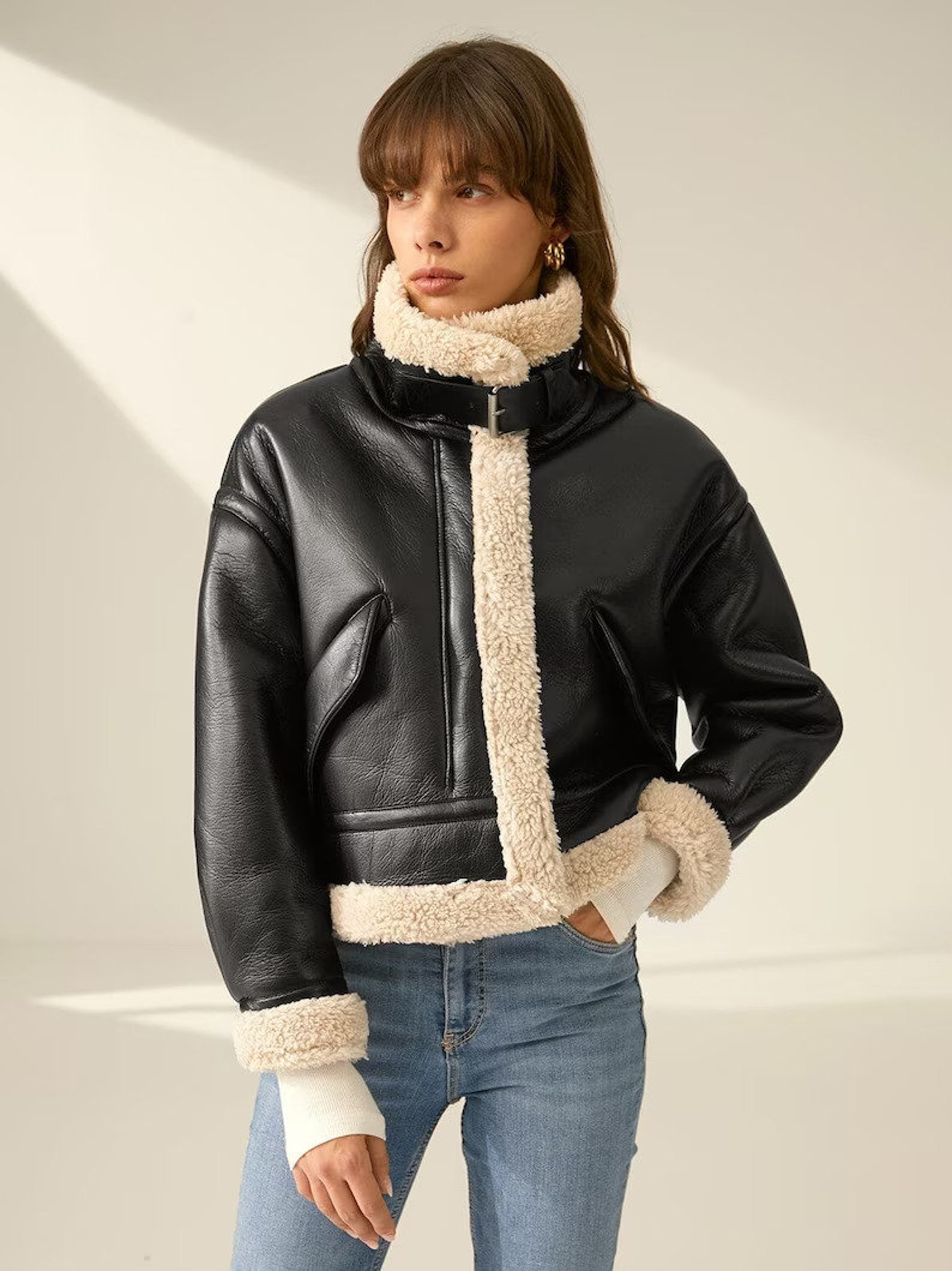 Vintage Aviator Chic: Women's B3 Bomber Black Shearling Flight Jacket ...