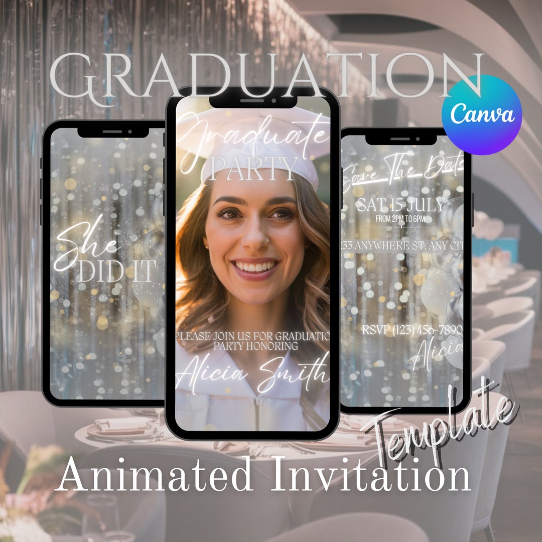White Grad Party Digital Invite, Grad Party Invitation Video Canva ...