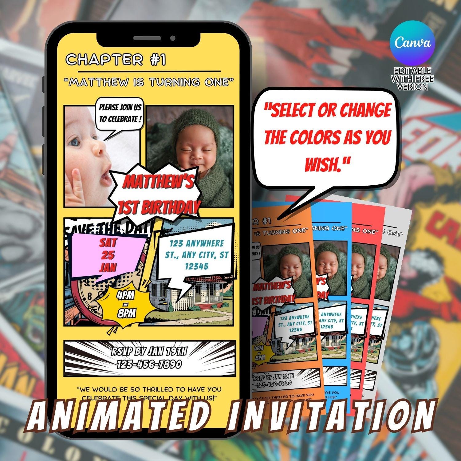 Editable Comic Kid 1st Birthday Video Animated Invitation Superheroes ...