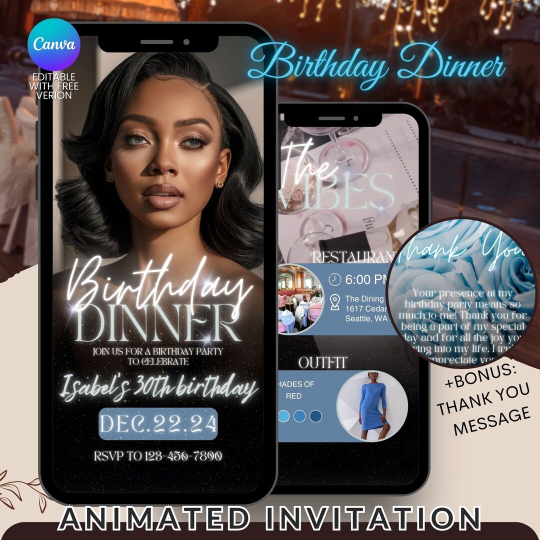 Animated Blue Glam Birthday Dinner Celebrate Digital Invitation ...