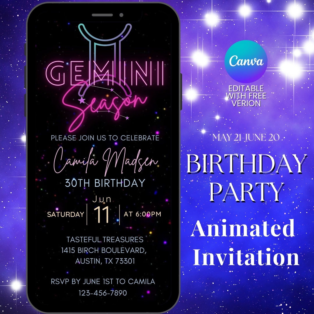 GEMINI Zodiac Digital Birthday Celebrate Invitation Template Editable ...