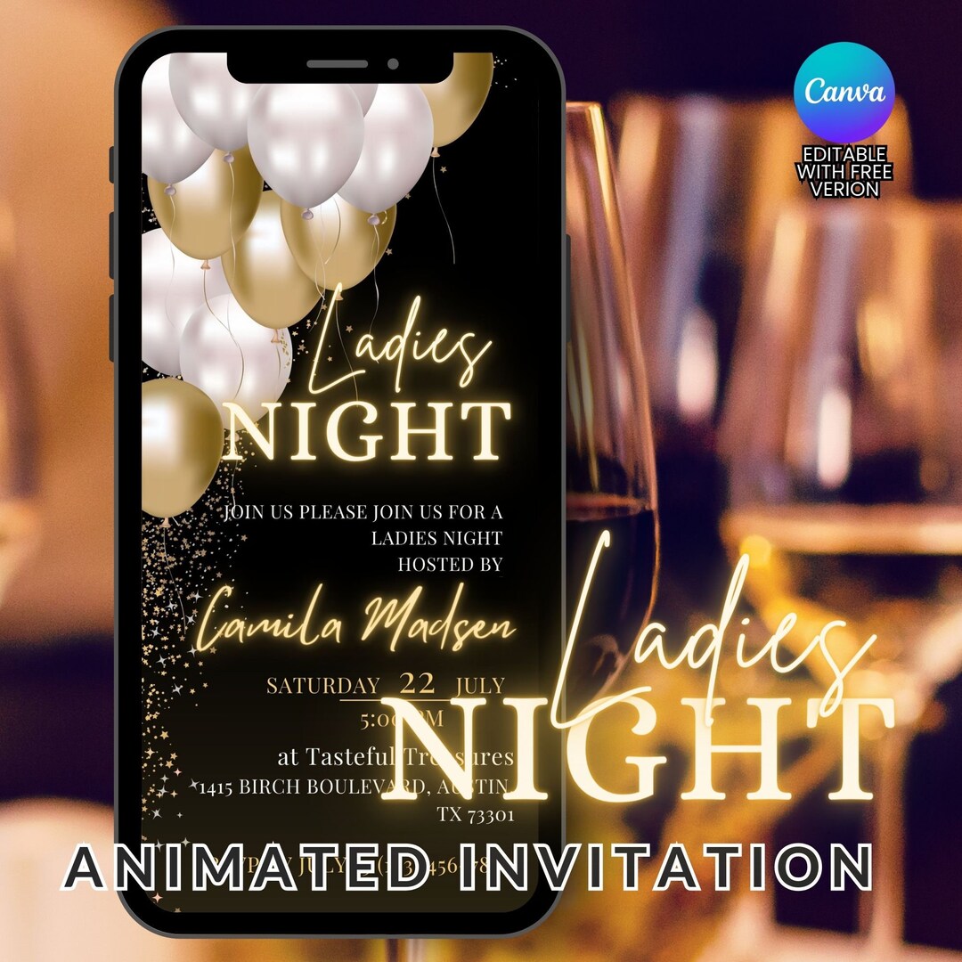 Gold Balloon Ladies Night Animated Digital Invitation Template Editable ...